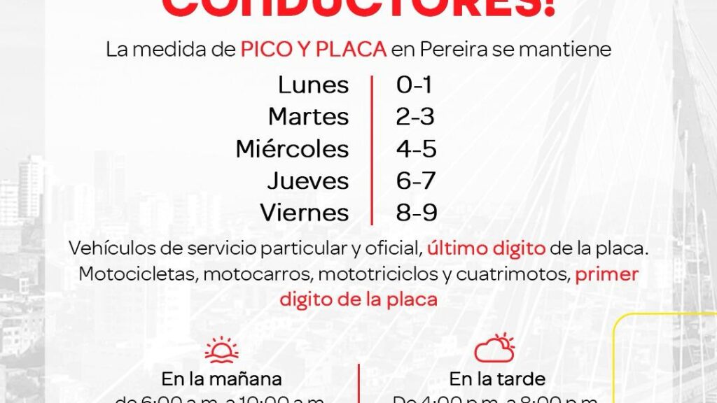 La medida de PICO y PLACA para 2024 en Pereira se mantiene. – Tardeando